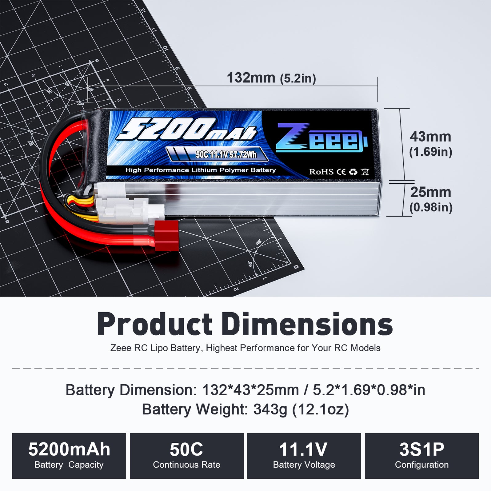 Zeee 3S Lipo Battery 5200mAh 11.1V 50C with Deans and XT60 Connector S