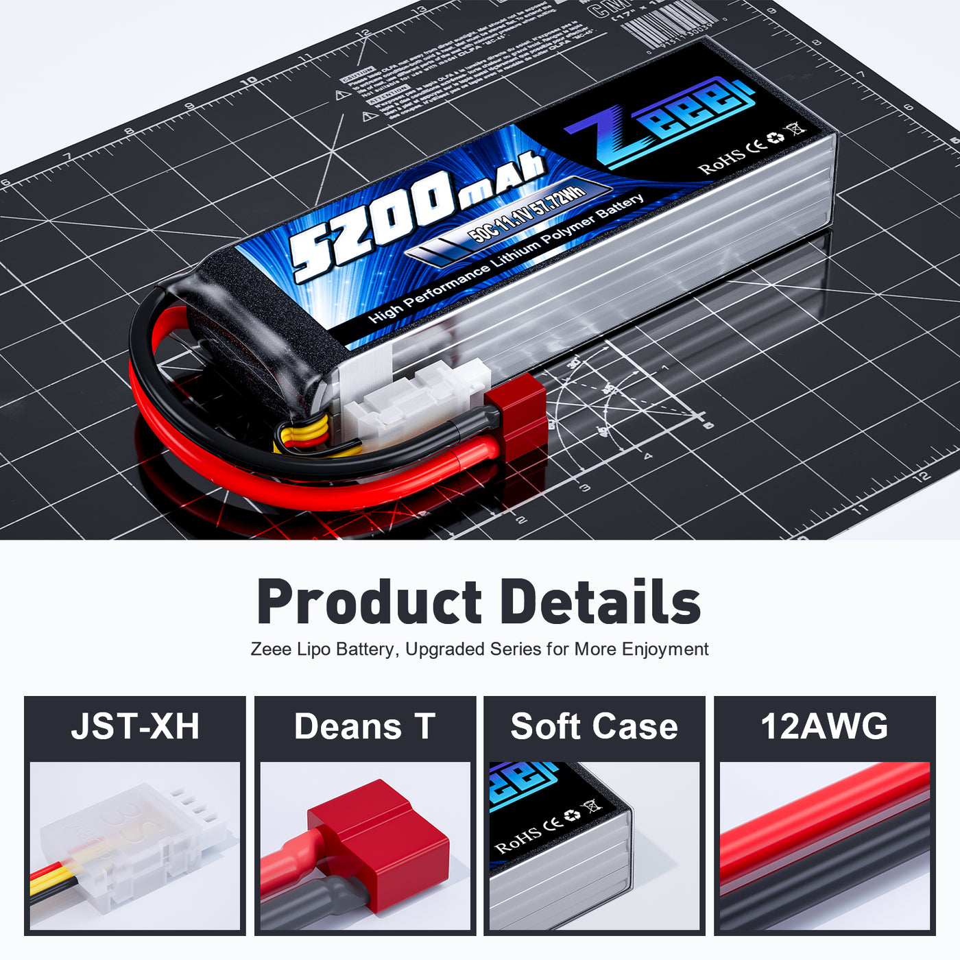Zeee 3S Lipo Battery 5200mAh 11.1V 50C with Deans and XT60 Connector S
