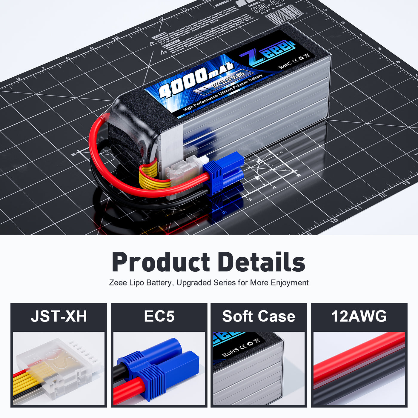 Zeee 6S Lipo Battery 4000mAh 22.2V 100C with EC5 Connector Soft Pack B