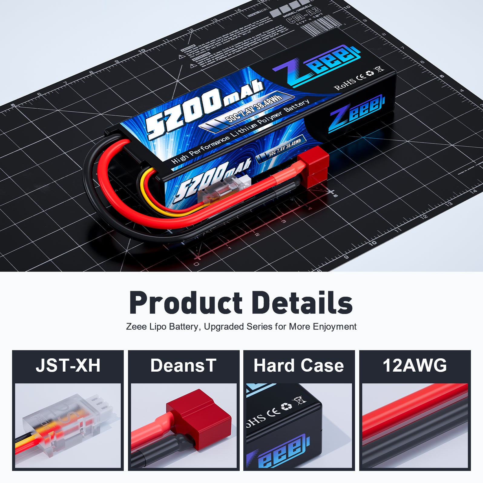 Zeee 2S Lipo Battery 5200mAh 7.4V 50C Hard Case with Dean-Style T Conn