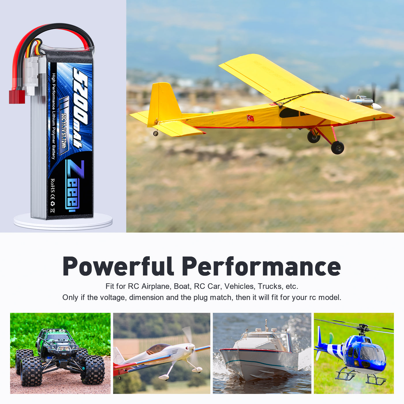 Zeee 3S Lipo Battery 5200mAh 11.1V 50C with Deans and XT60 Connector S