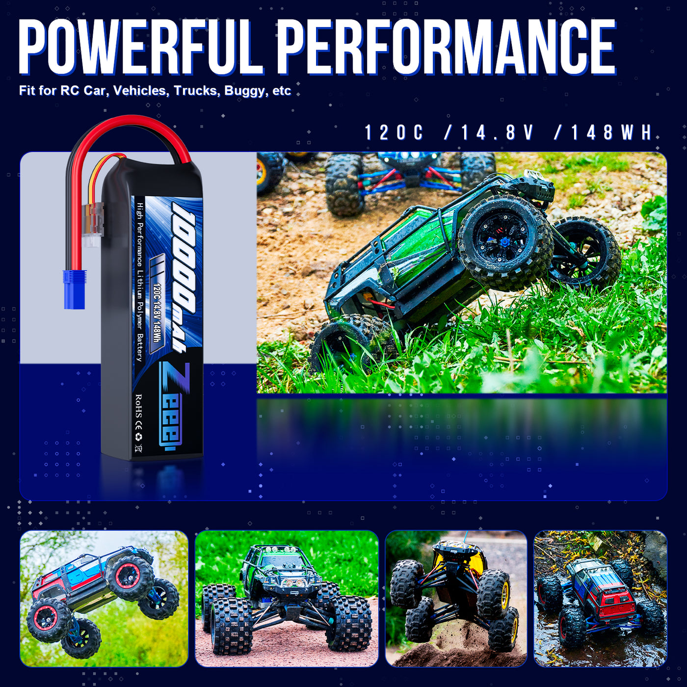 Zeee 4S Lipo Battery 10000mAh 14.8V 120C with EC5 Connector Soft Case